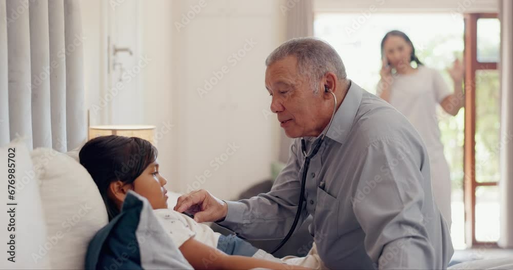Home, child and doctor with stethoscope in bed, examination for ...