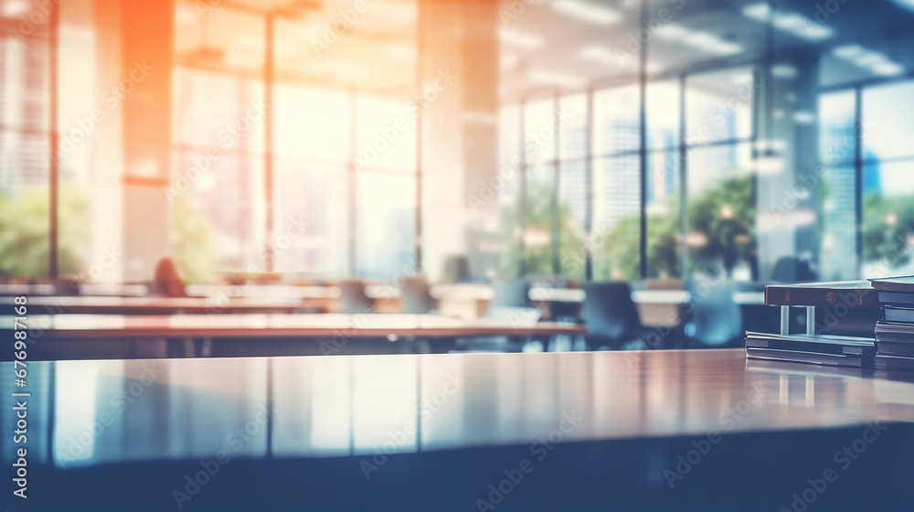 Abstract blue blurred background of modern office interior. Mock up ...