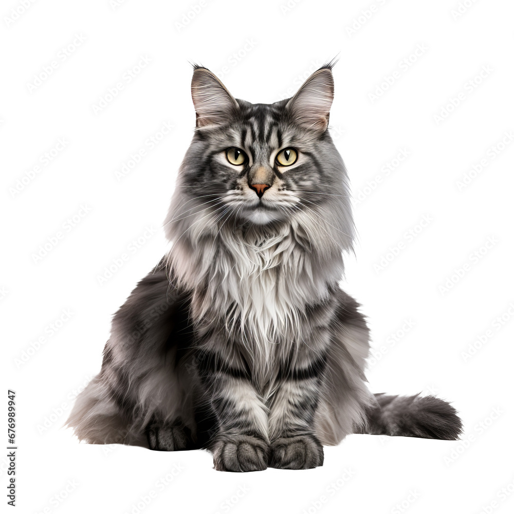 Maine Coon cat, full body view, with bushy tail and tufted ears, stands ...