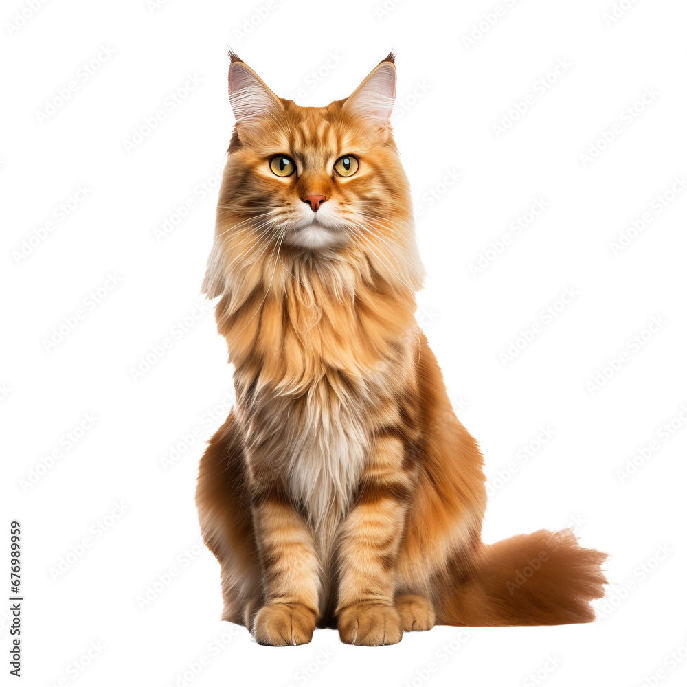 Maine Coon cat with bushy tail and tufted ears, full body, standing on ...