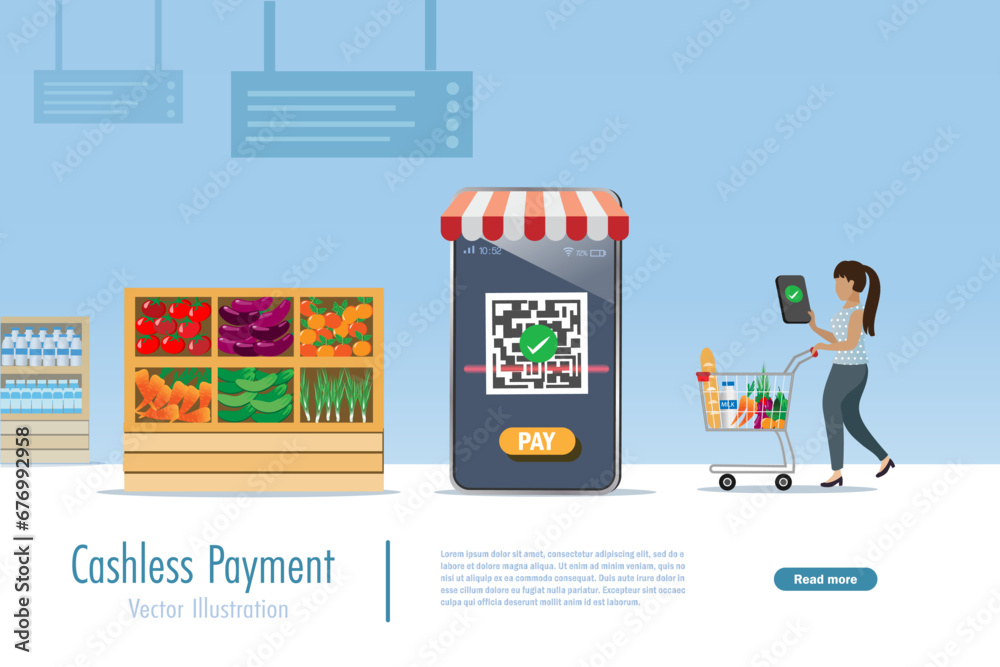 Cashless payment at supermarket. Woman with shopping trolley cart ...