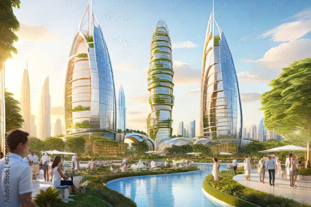 green skyscrapers rooftop gardens energy waterfalls a futuristic urban ...