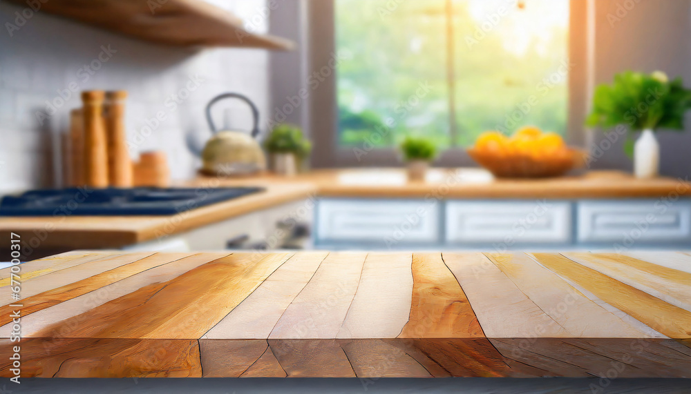 Selective focus.End grain wood counter,table top on blur kitchen ...