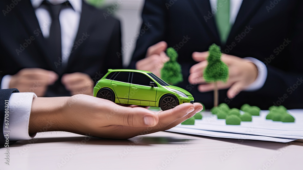 Businessman holding green EV car model mock in electric car company ...
