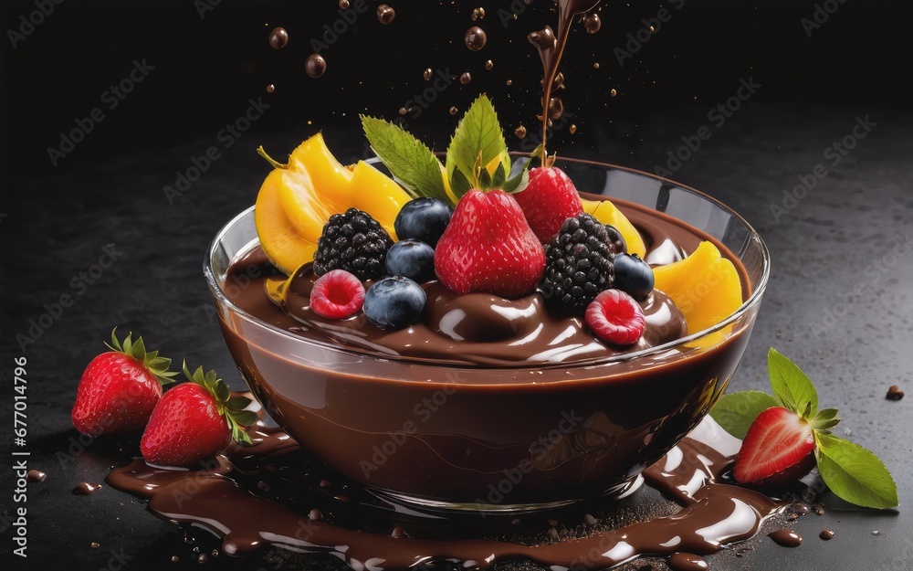 Chocolate pudding fruit in a splash of water on a black background ...
