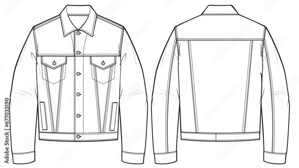 Classic trucker jacket design flat sketch Illustration front and back ...