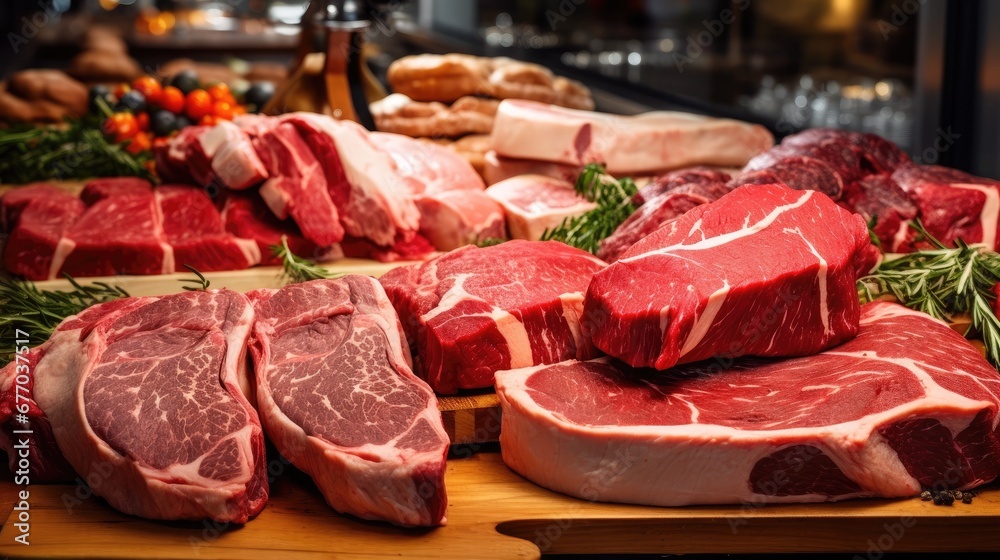 Different cuts of fresh raw red meat in supermarket, variety of prime ...