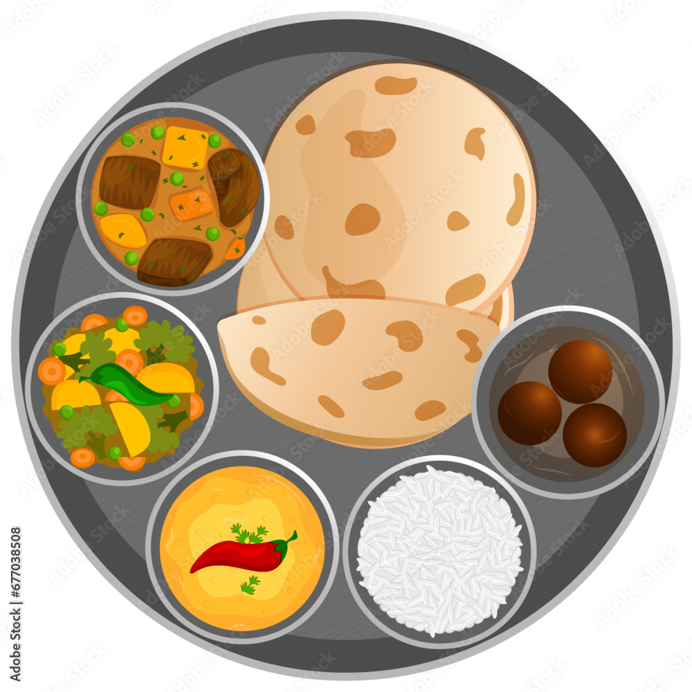 Indian Thali with Roti, Beef Stew, Mix Sabzi, Dal, Rice, and Gulab ...
