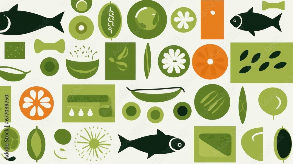Geometric seafood background. Mosaic minimal crab shrimp fish oyster ...