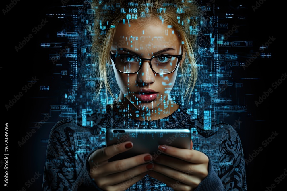 A girl with a smartphone communicates with the help of modern ...