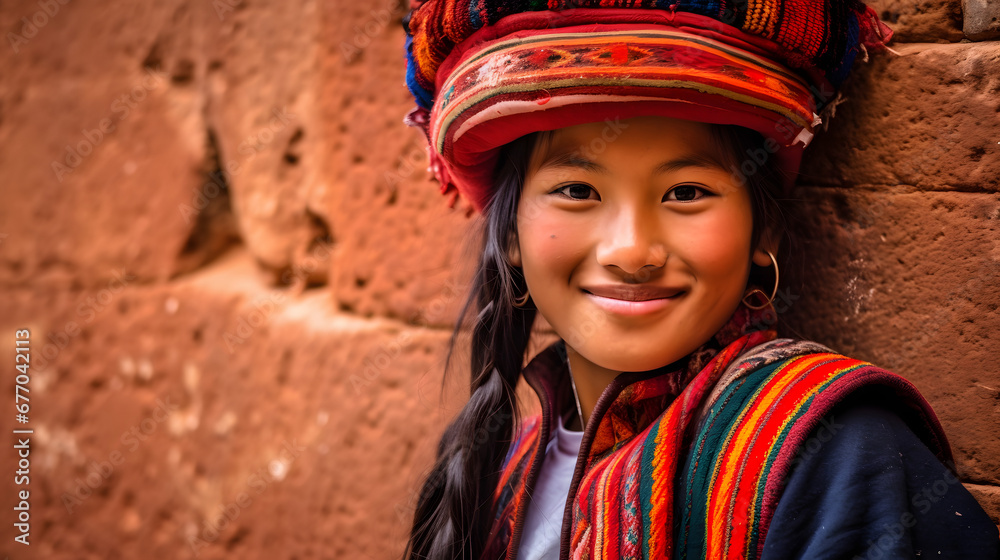 Peruvian woman in traditional clothing on an Inca trail - path in Cusco ...