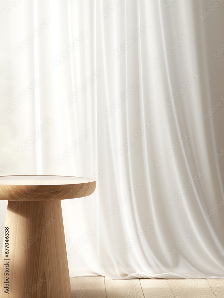 Empty modern round wood podium side table, soft white drapery sheer ...