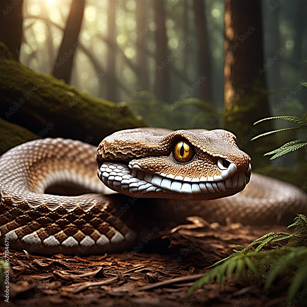 Brown scaled viper in a forest, scar on one of its eye, golden bright ...