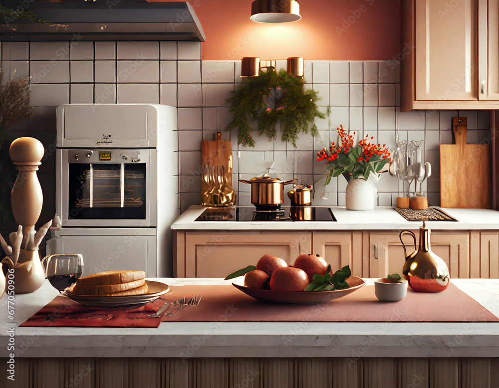 La cozy and inviting kitchen background wallpaper, featuring warm tones ...