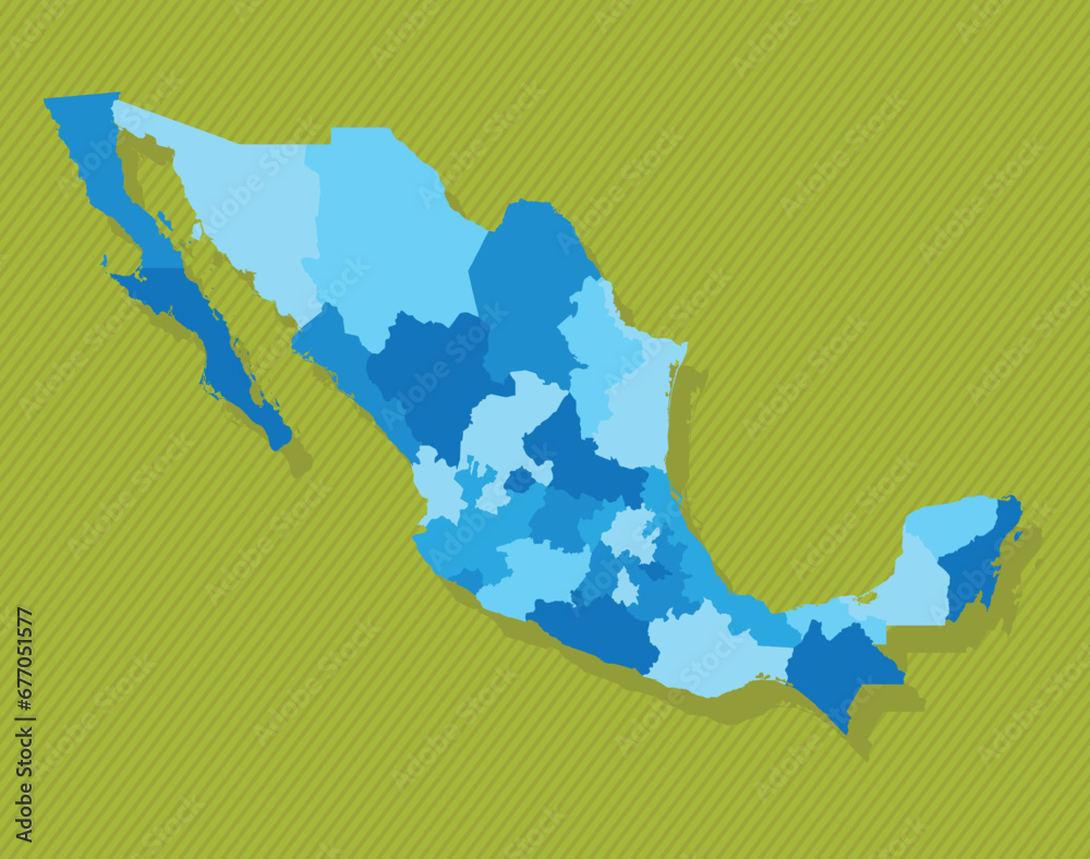 Mexico map with regions blue political map green background vector ...