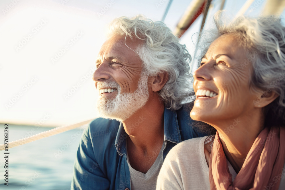 An elderly couple sits in a boat or yacht against the backdrop of the ...