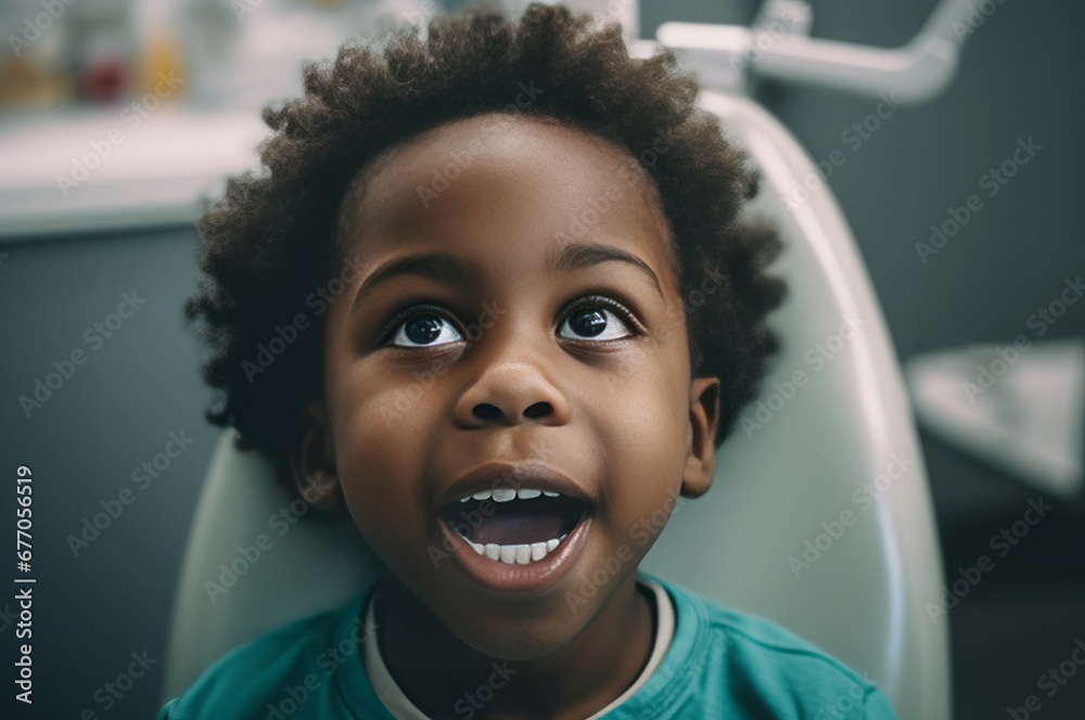 African american child at dental clinic happy face. Cute portrait with ...