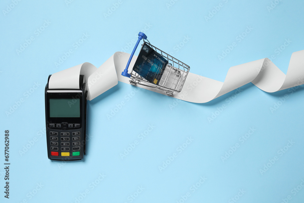 Payment terminal with thermal paper for receipt, small shopping cart ...