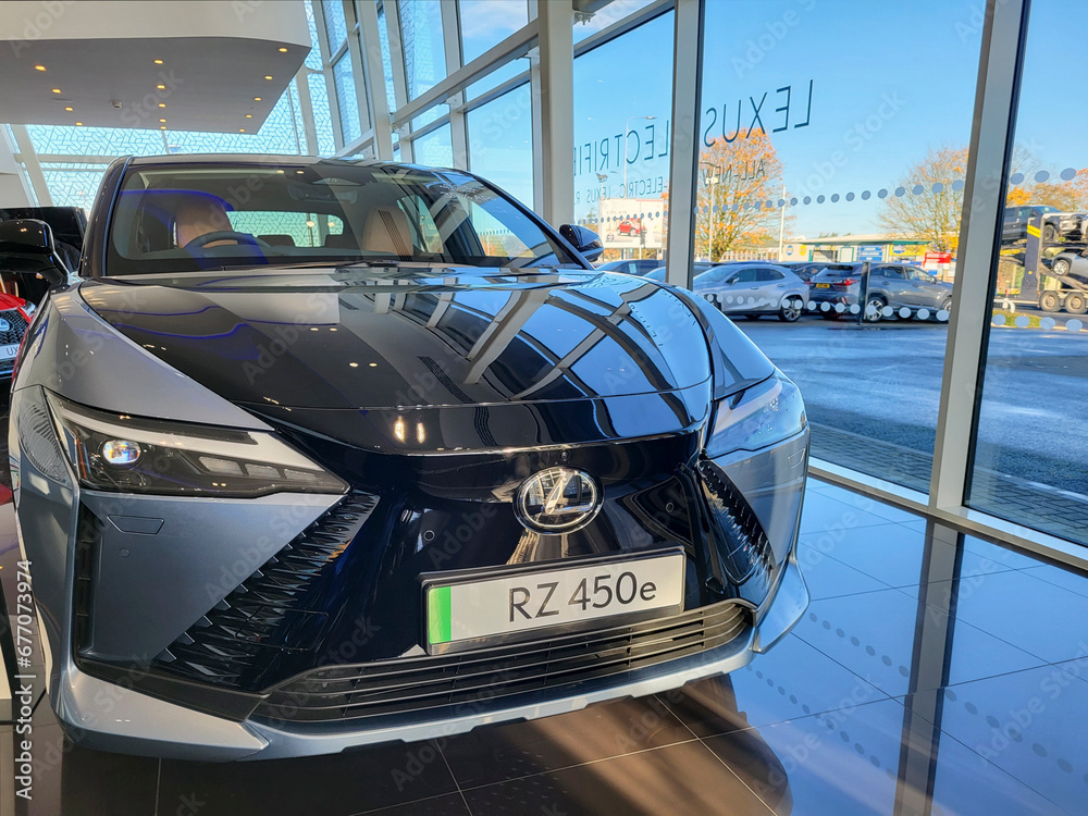 Cardiff, UK: November 10, 2023: Close up of the new Lexus RZ 450e - an ...