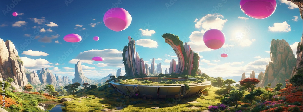 Wide angle shot of an alien planet landscape. Breathtaking panorama of ...