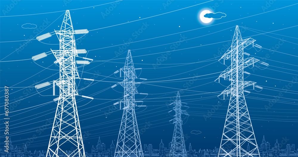 High voltage transmission systems. Electric pole. Power lines. A ...