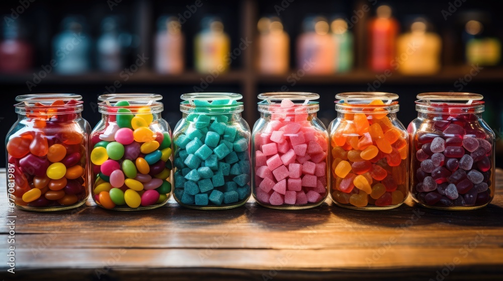 National Candy Month: A candy shop display with jars filled with ...