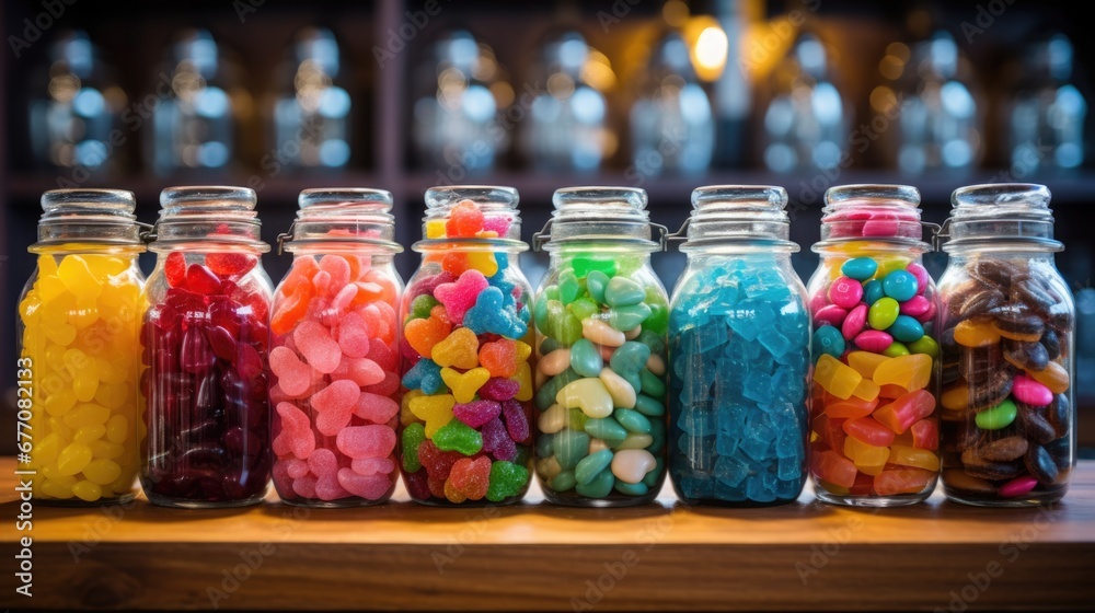 National Candy Month: A candy shop display with jars filled with ...
