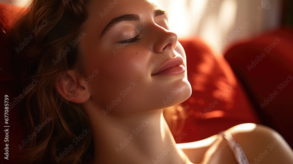 Close-up photo of a woman's face receiving red light therapy ...