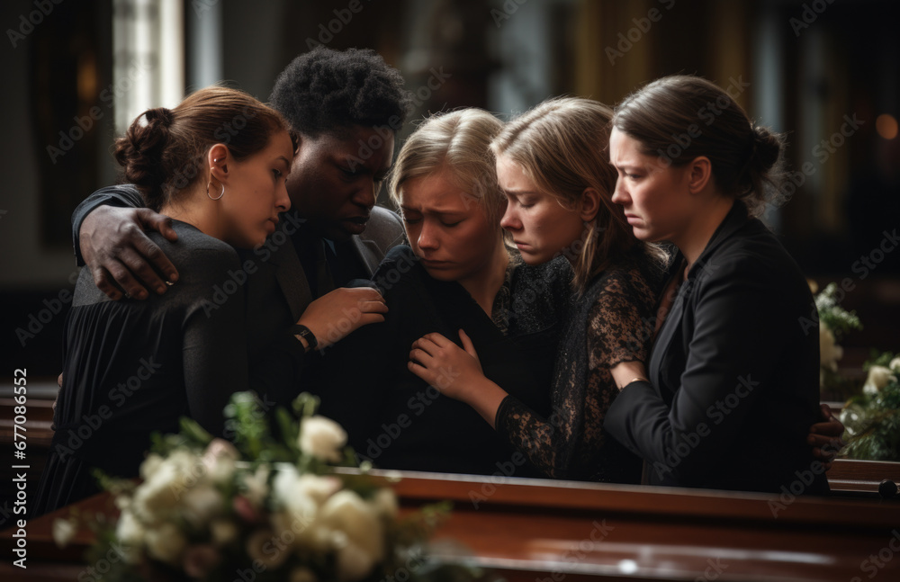 Foto de Death, funeral and family touching coffin in a church, sad and ...