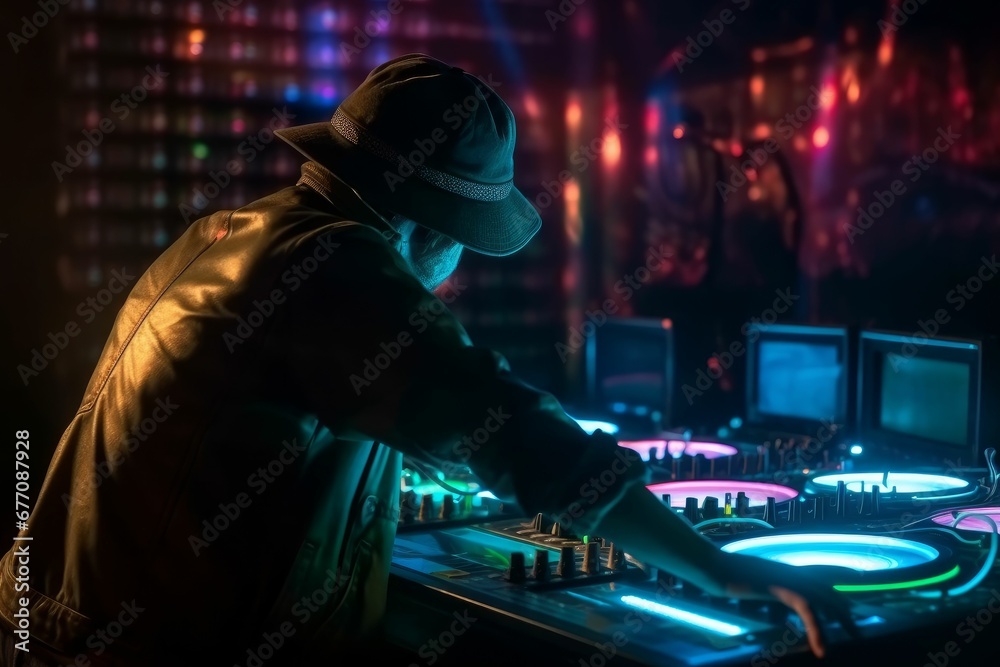 DJ player audio mixing electronic music in a nightclub party Created ...