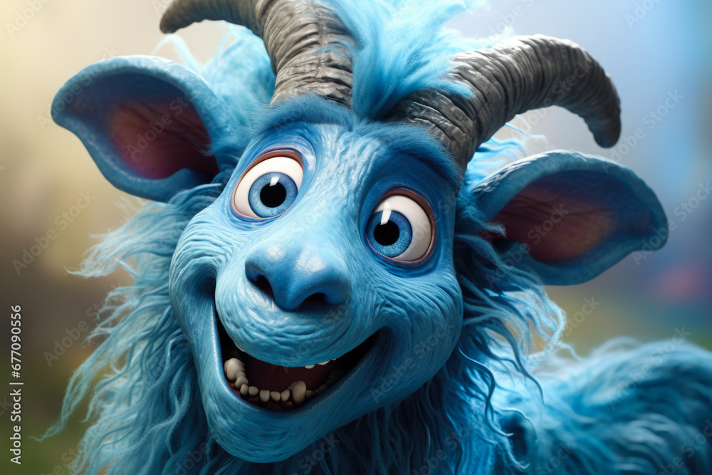 A close-up photograph of a blue goat with large horns. This unique ...