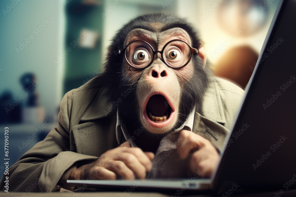 A monkey wearing glasses is seen looking intently at a laptop screen ...
