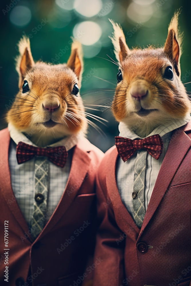 Two squirrels dressed in formal attire, wearing suits and bow ties ...
