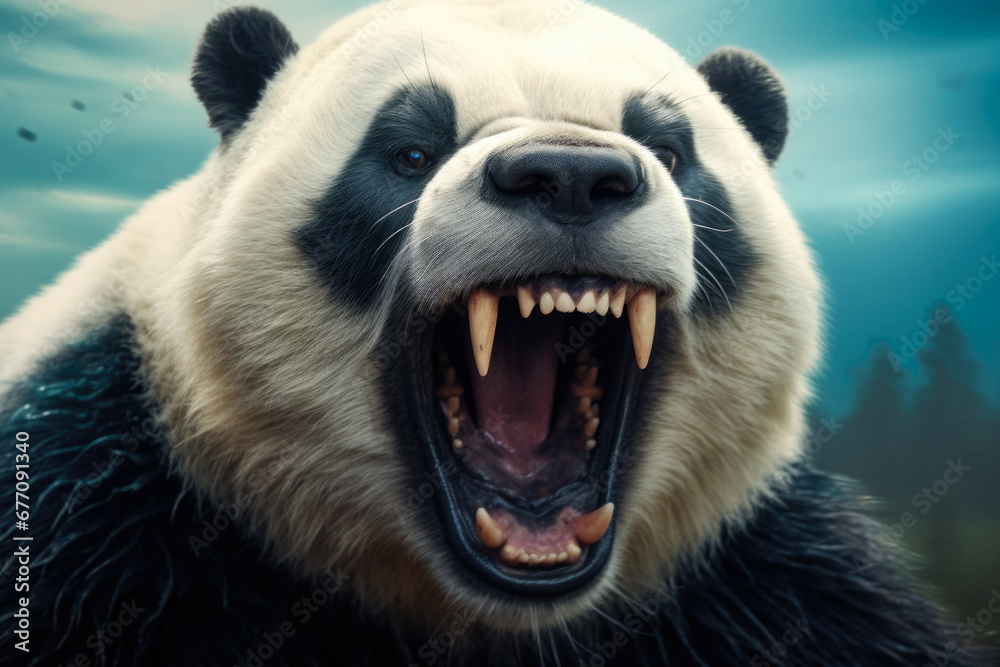 A close-up shot of a bear with its mouth wide open. This image captures ...