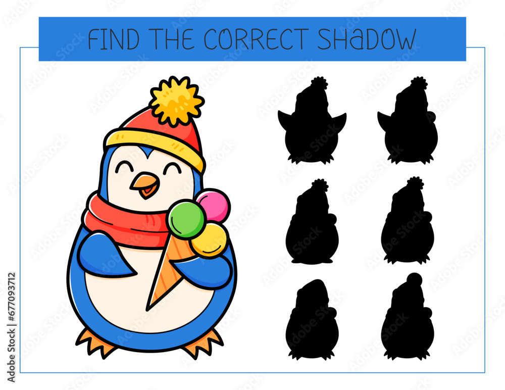 Find the correct shadow game with penguin with ice cream. Educational ...