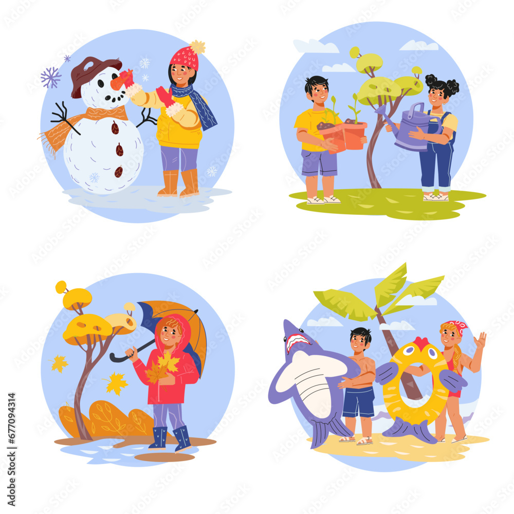 Four seasons activity and fun of children, set of vector illustrations ...