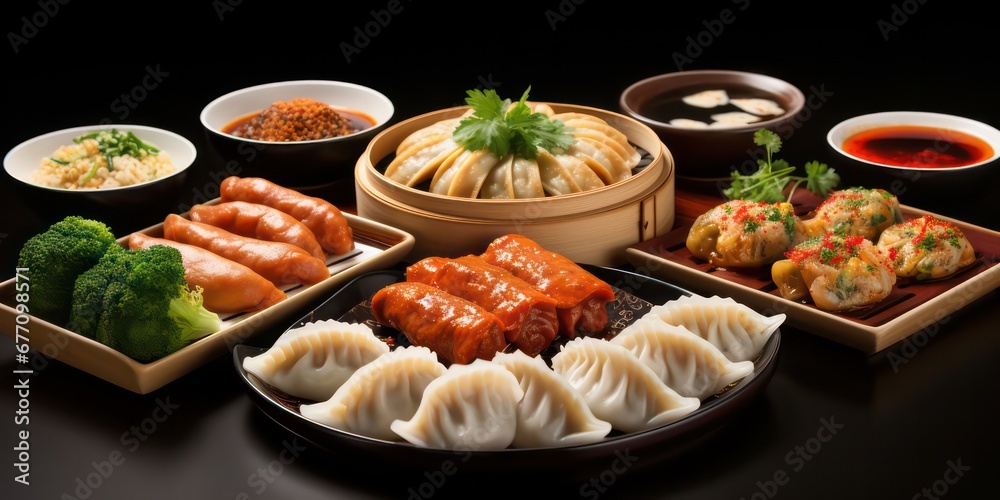 Lucky during Chinese New Year. Dishes like dumplings, spring rolls ...