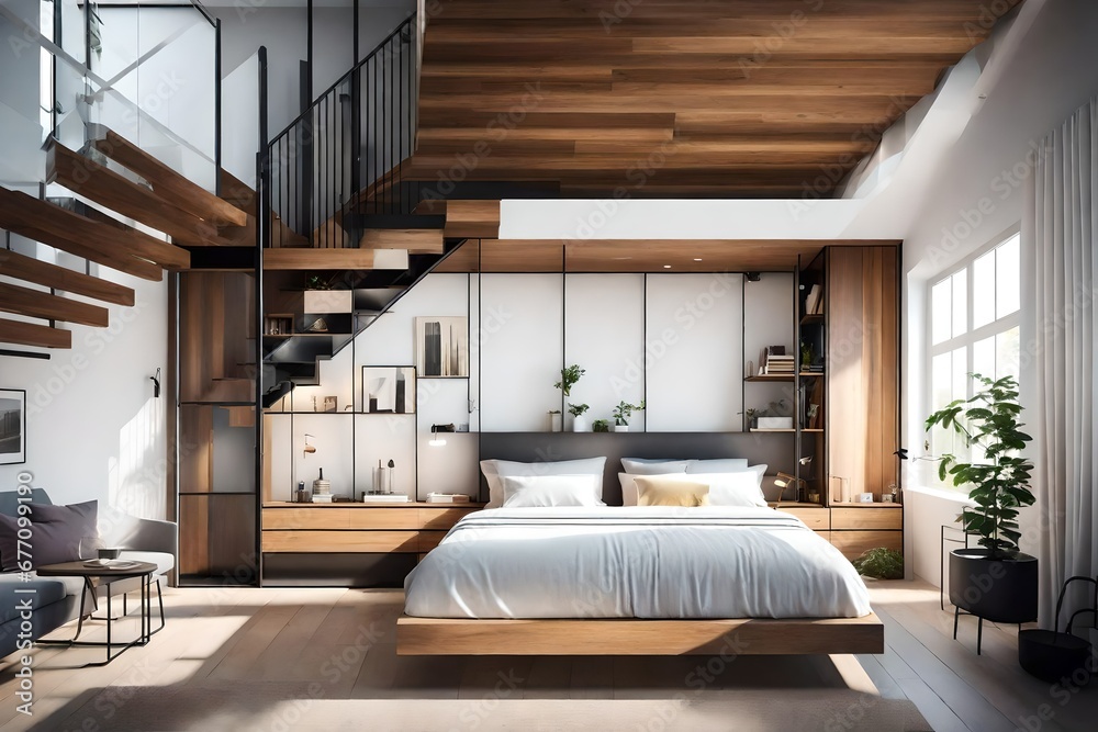 a modern bedroom with a lofted bed and under-staircase storage for a ...