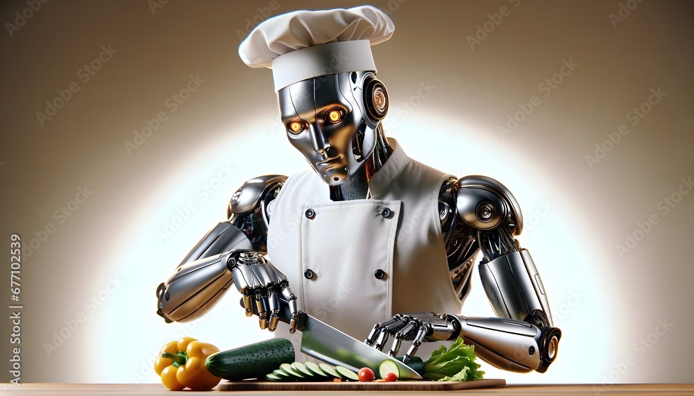 Humanoid robot dressed as chef and chopping vegetables Stock Photo ...