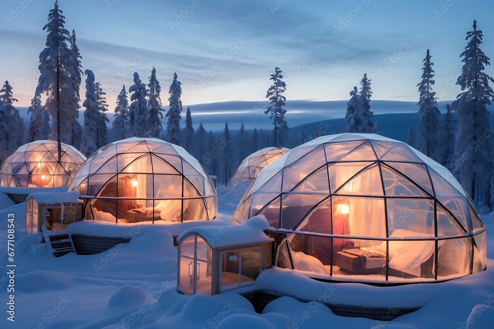 Generative AI : Glass igloos in the Arctic resort. Ideal for viewing ...