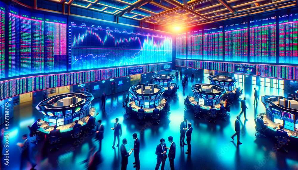 High-tech trading floor bustling with activity, surrounded by large ...