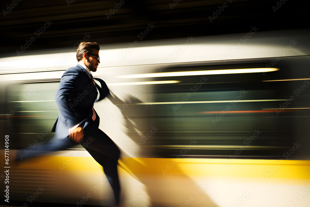 well dressed man running for the train at the metro. chasing to catch ...