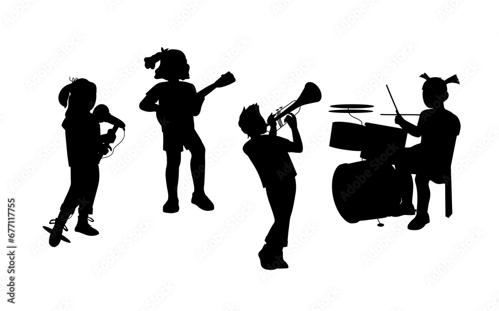 Black silhouettes of children play music on various instruments and ...