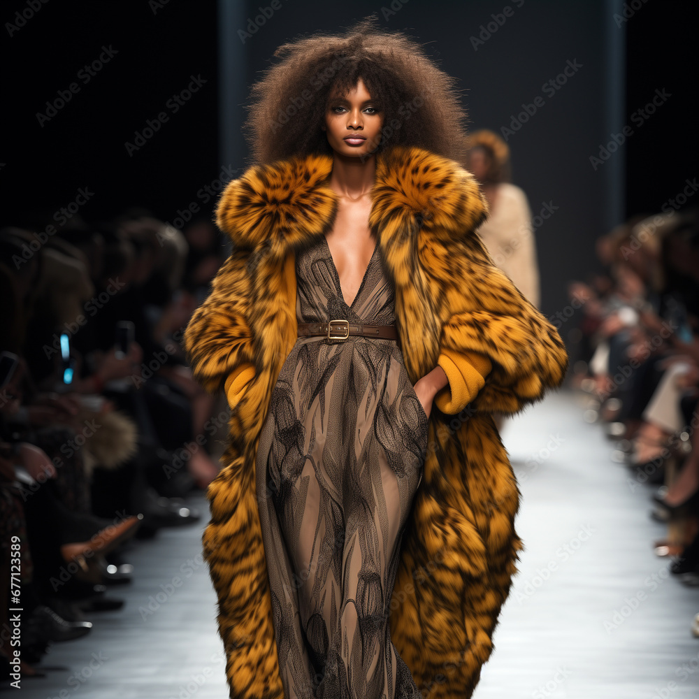 Black supermodel walks in elegant fur coat on the runway. African ...