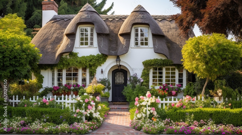 A cottage-style home with a thatched roof, climbing vines, and flower ...