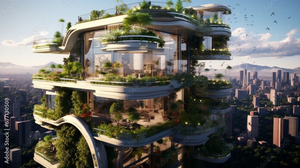 A futuristic high-rise apartment building with a sleek glass facade ...