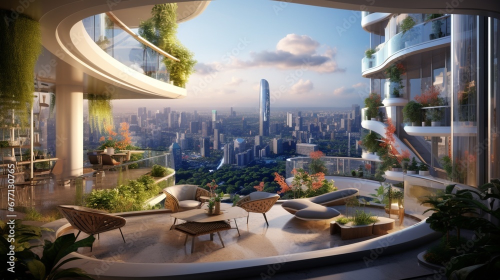 A futuristic high-rise apartment building with a sleek glass facade ...