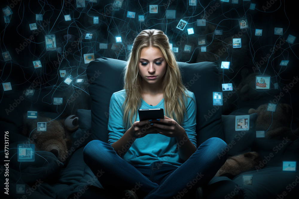 Concept of social media addiction with a person engulfed in their ...
