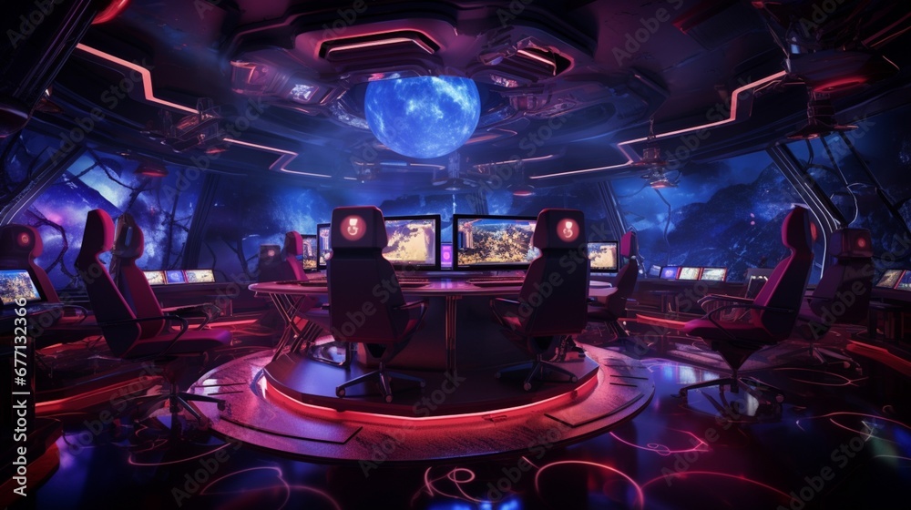 A high-tech gaming room with RGB lighting, gaming pods, and virtual ...