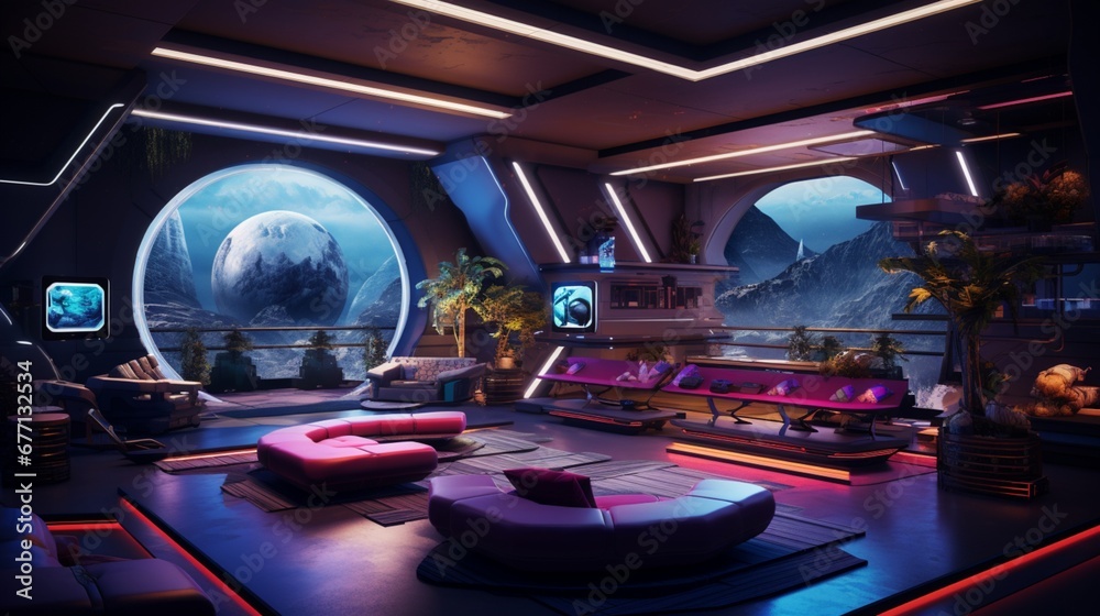 A high-tech gaming room with RGB lighting, gaming pods, and virtual ...